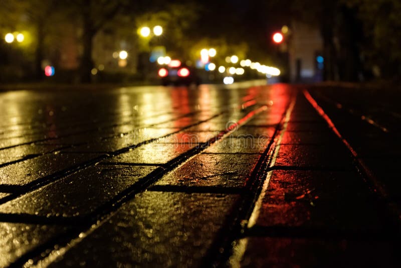 Beautiful Night Pavement in the City after Rain Stock Image - Image of ...
