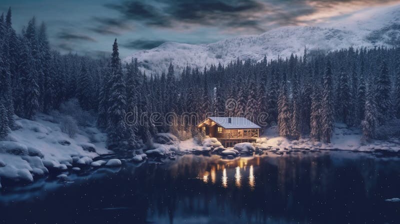 Beautiful Night Scene of Log Cabin by the Lakeside in Dense Winter ...