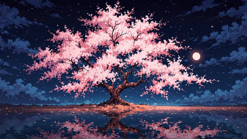 Beautiful Night Scenery Featuring Anime Cherry Blossoms, Rendered in 8 ...