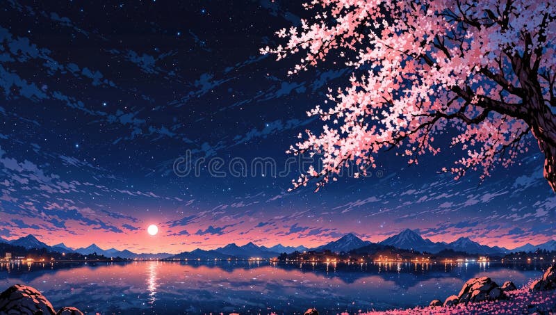 Beautiful Night Scenery Featuring Anime Cherry Blossoms, Rendered in 8 ...