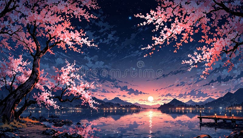 Beautiful Night Scenery Featuring Anime Cherry Blossoms, Rendered in 8 ...