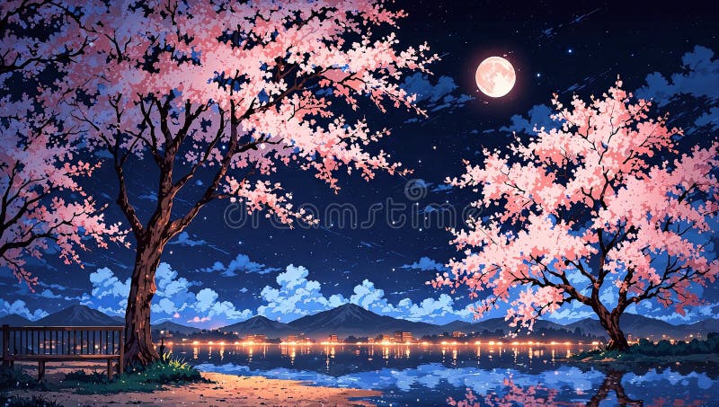 Beautiful Night Scenery Featuring Anime Cherry Blossoms, Rendered in 8 ...