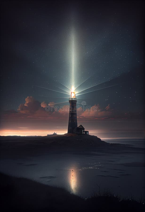 Beautiful Night Sky Behind a Shining Lighthouse Stock Image - Image of ...