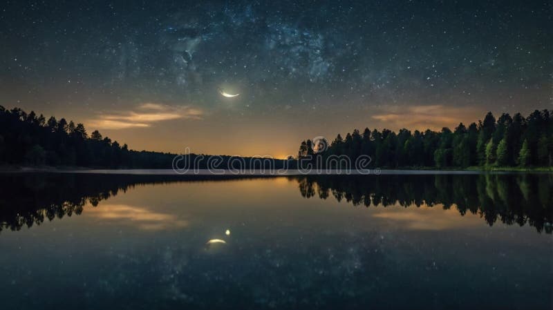 A Beautiful Night Sky with a Crescent Moon Above a Calm Lake Reflecting ...