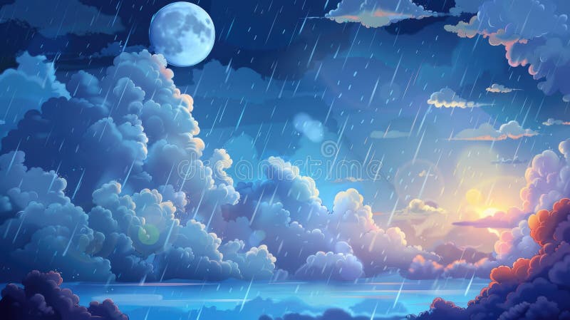 A Beautiful Night Sky with a Full Moon and Rain Falling. the Sky is ...