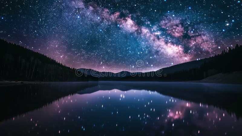 A Beautiful Night Sky with a Lake and Mountains in the Background Stock ...