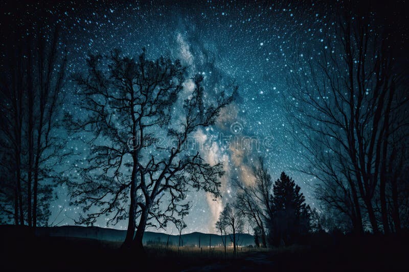 Beautiful Night Sky Milky Way and Trees. Illustration AI Generative ...