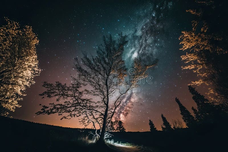 Beautiful Night Sky Milky Way and Trees. Illustration AI Generative ...