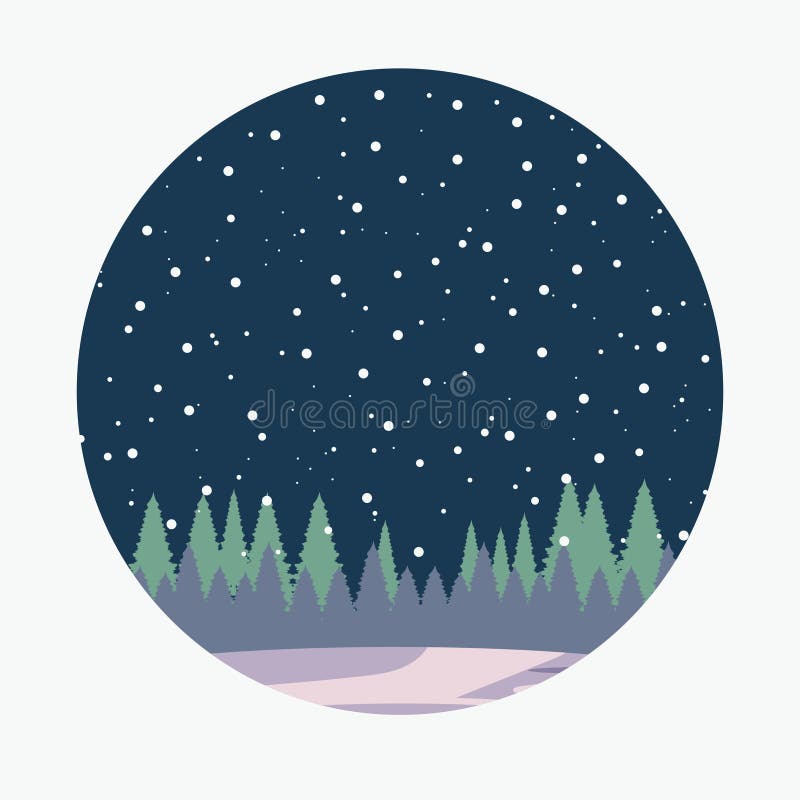 Beautiful Night Snowfall with Christmas Tree Scenery in Circle Frame ...