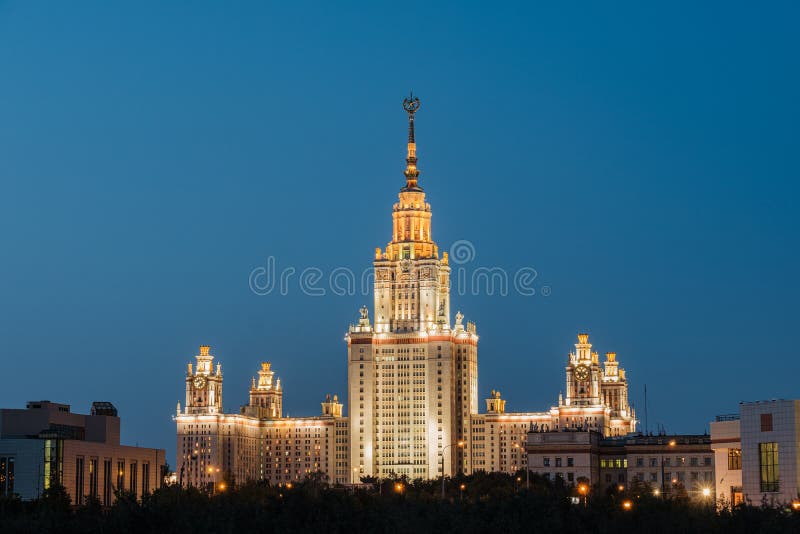 Beautiful Night View of the Main Building of Moscow State University, a ...