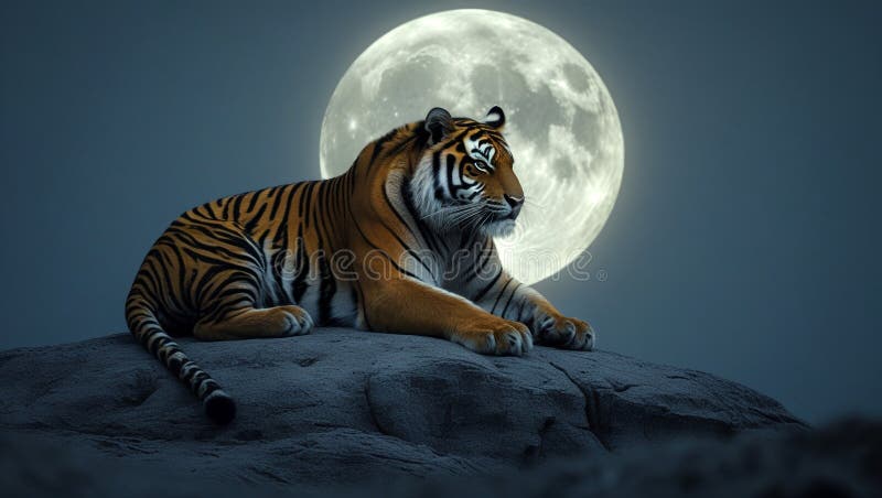 Beautiful Night Wildlife Scene with Tiger and Moon Stock Illustration ...