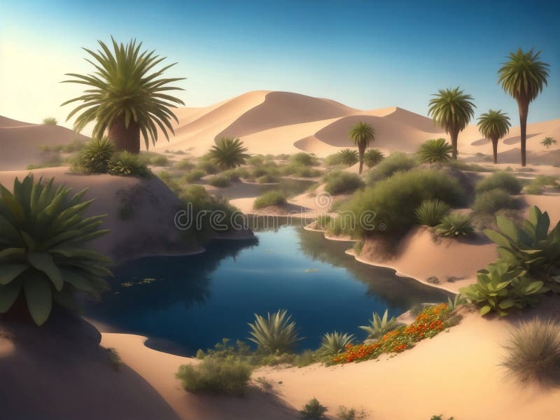 Beautiful Oasis in Desert, Generative AI Illustration Stock ...