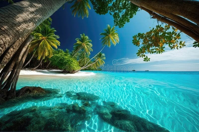 Beautiful Ocean in the Maldives and Palm Trees. Generative AI Stock ...