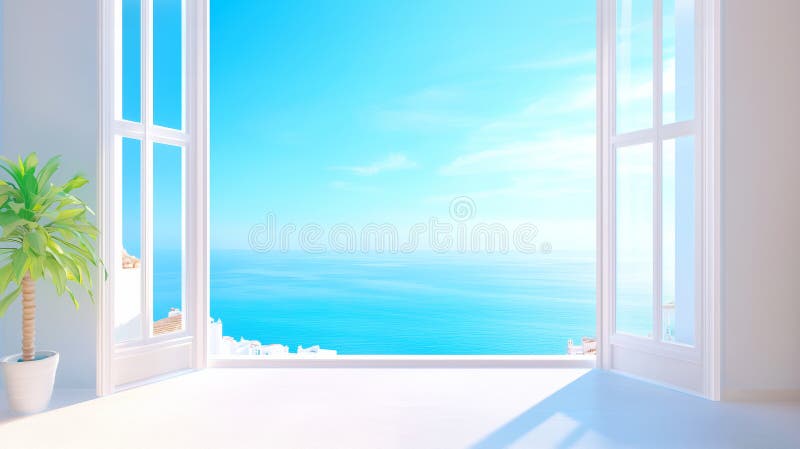 Beautiful Ocean View through Open Windows in a Bright Room Stock ...