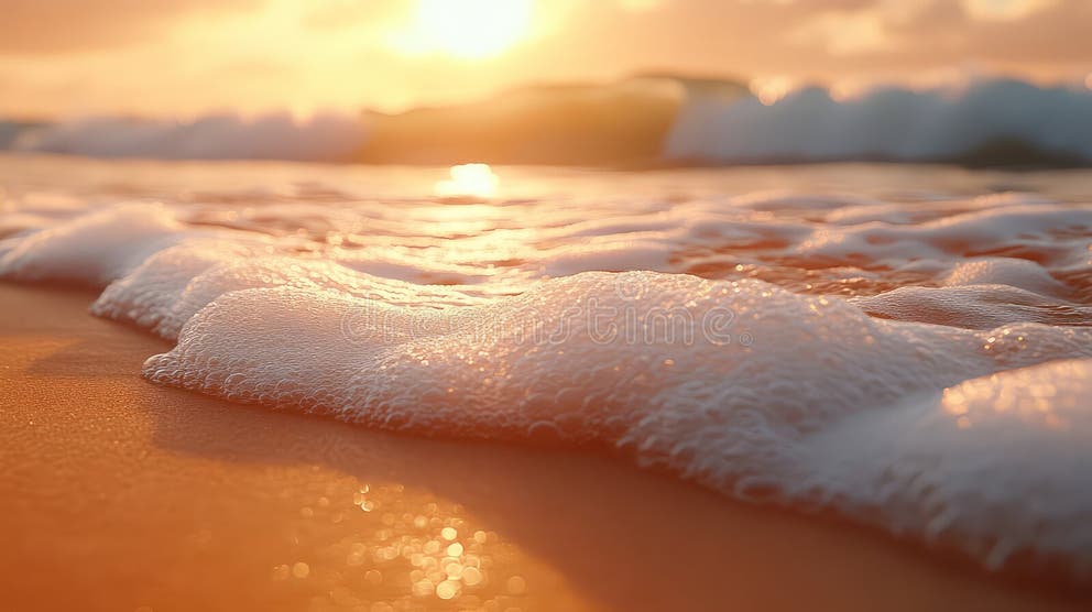 Beautiful Ocean Wave Gently Lapping on the Sandy Shore during Sunset Stock Illustration ...