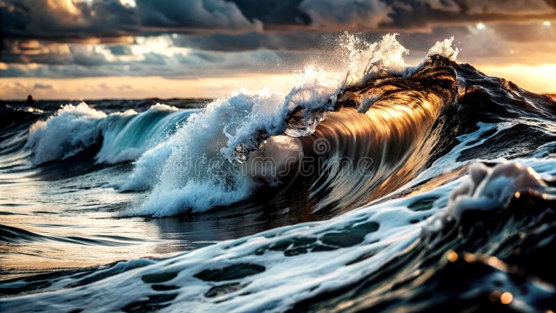 Beautiful Ocean Wave at Sunset Dramatic Stormy Sky AI Generated Stock ...