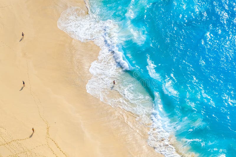 Beautiful Ocean Waves and White Beach with People from Top. Stock Image ...