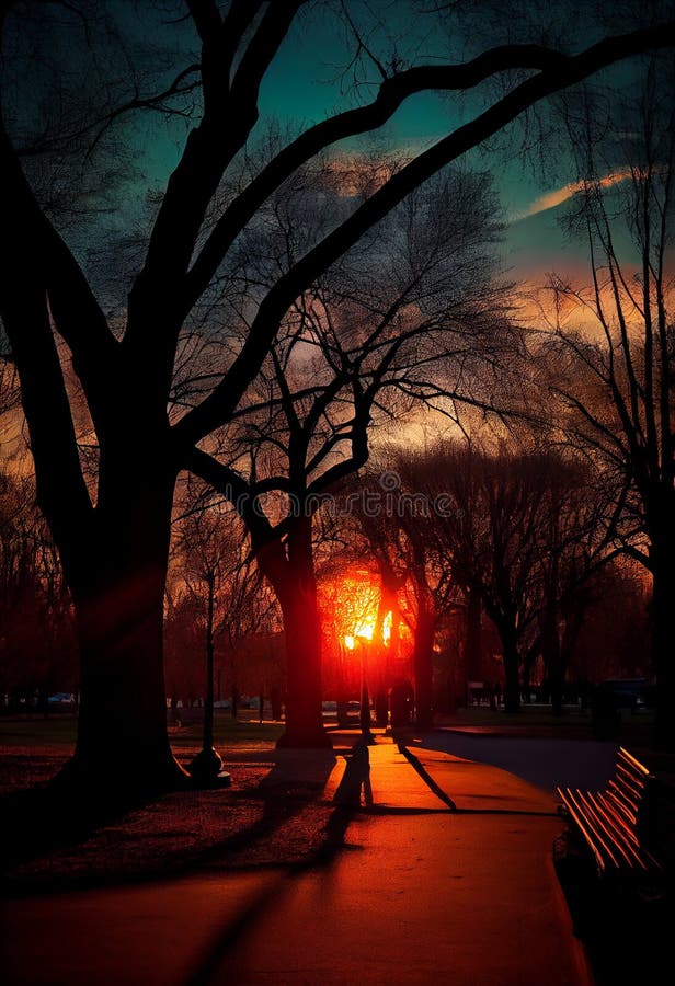 Beautiful Old City Park in the Rays of Sunset Light and Burning Lights ...