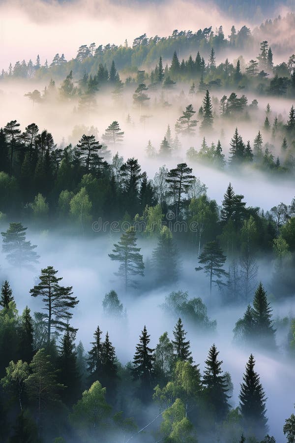 Beautiful Old Forest in the Fog Stock Illustration - Illustration of ...