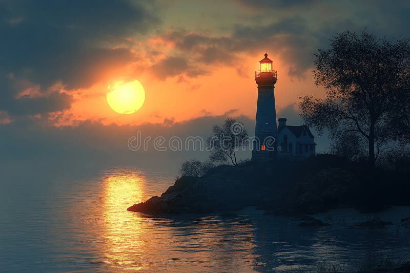 A Beautiful Old Lighthouse on the Seashore in the Rays of the Setting ...