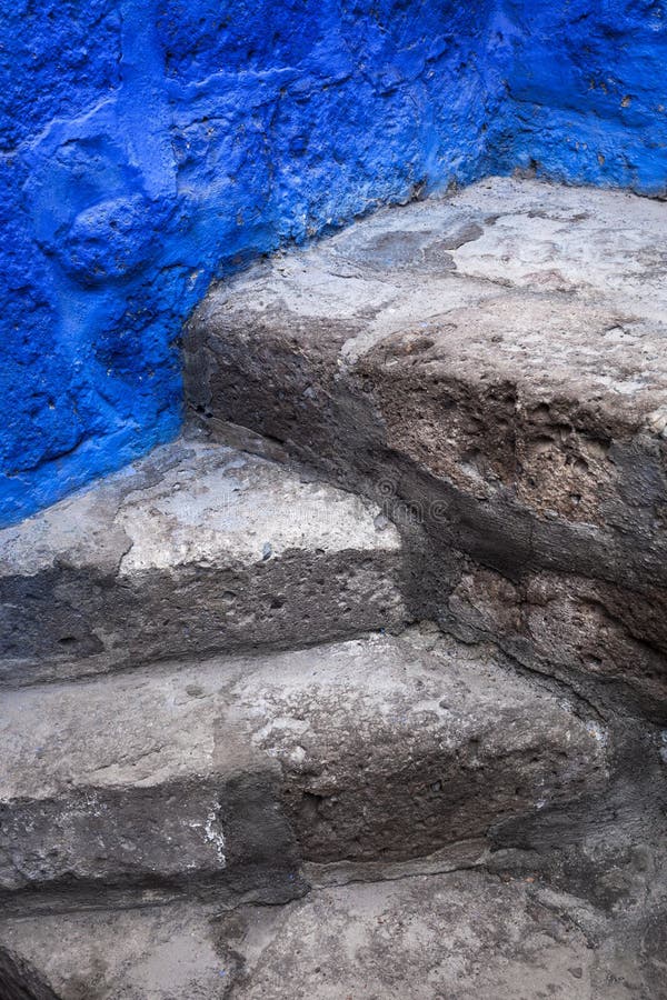 Old steps and blue wall stock image. Image of grunge - 130532783