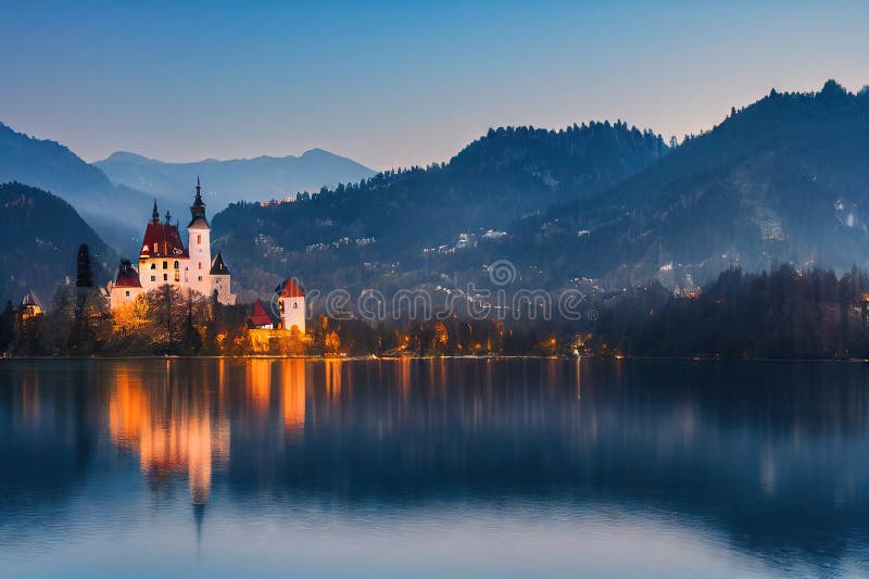 Beautiful Old White Castle on Shore of Mountain Lake Stock Photo ...