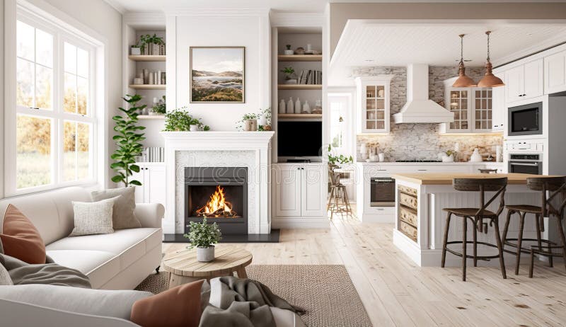 Beautiful Open Plan Living Room with White Kitchen. Generative AI Stock ...