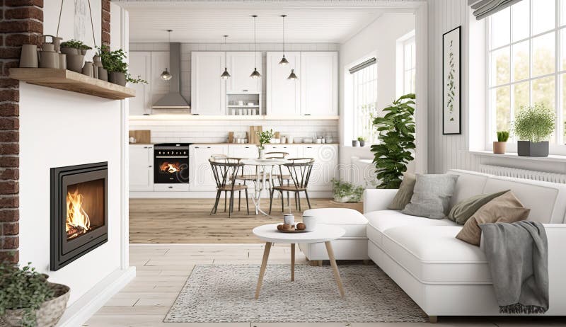 Beautiful Open Plan Living Room with White Kitchen. Generative AI Stock ...