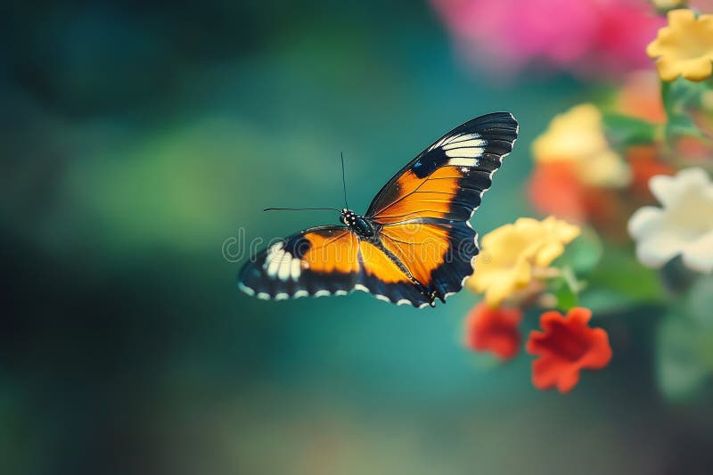 Beautiful Orange Butterfly Flying in Park with Flowers Stock ...