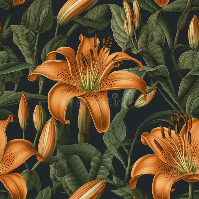 Beautiful Orange Lilly Flower Seamless Pattern, Created with Generative ...