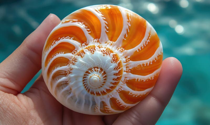 Beautiful Orange and White Nautilus Shell Held in Hand Against ...