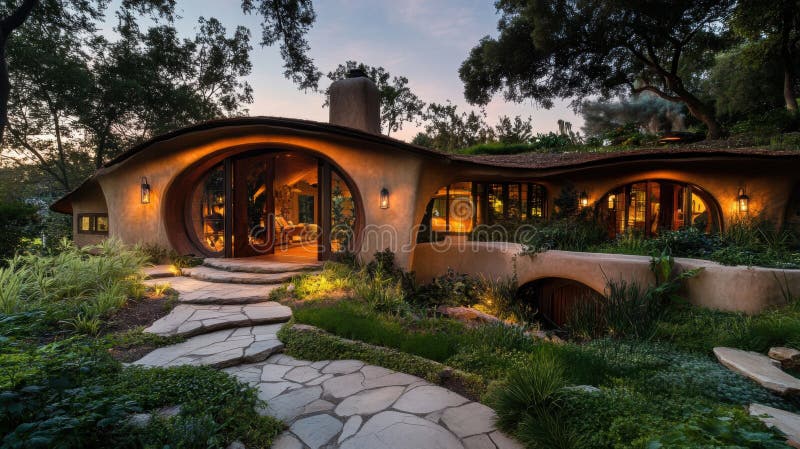 Beautiful Organic Architecture Home Surrounded by Lush Greenery at Dusk ...