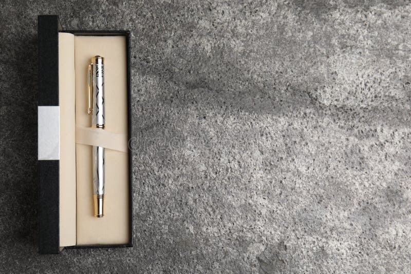 Beautiful Ornate Fountain Pen in Box on Grey Table, Top View. Space for ...
