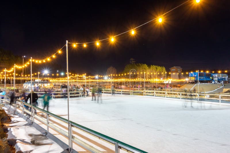 Beautiful Outdoor Ice Rink at Night with Lights Stock Photo - Image of ...
