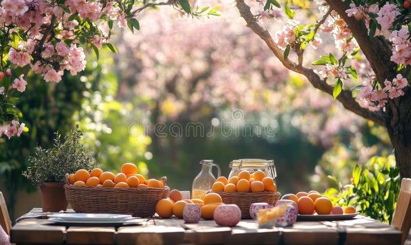 Beautiful Outdoor Spring Table Setting with Fresh Oranges and Blooming ...