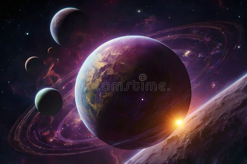 Beautiful Outer Space Fantasy Illustration with Colorful Planets Stock ...