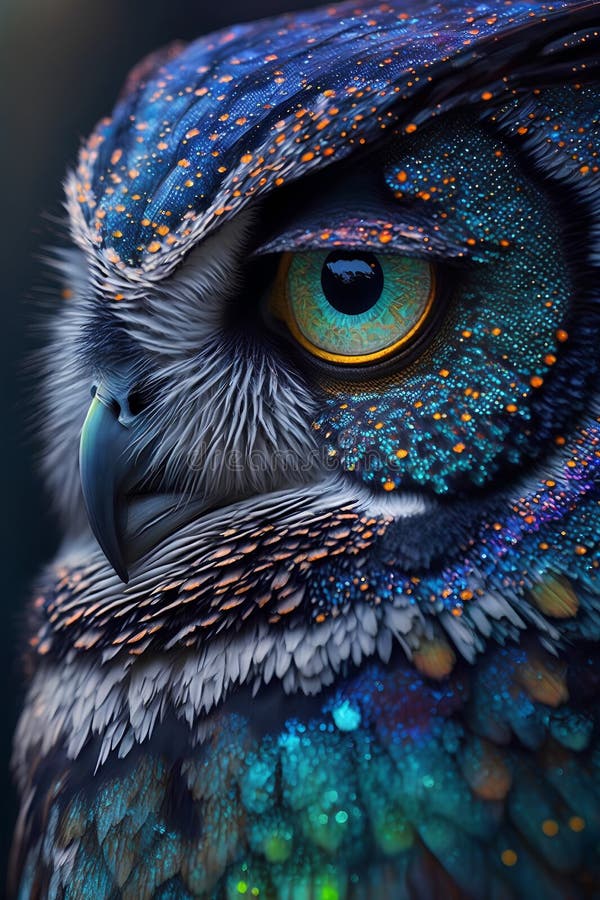 Beautiful Owl with Bright Blue Eyes and Multicolored Feathers. Stock ...