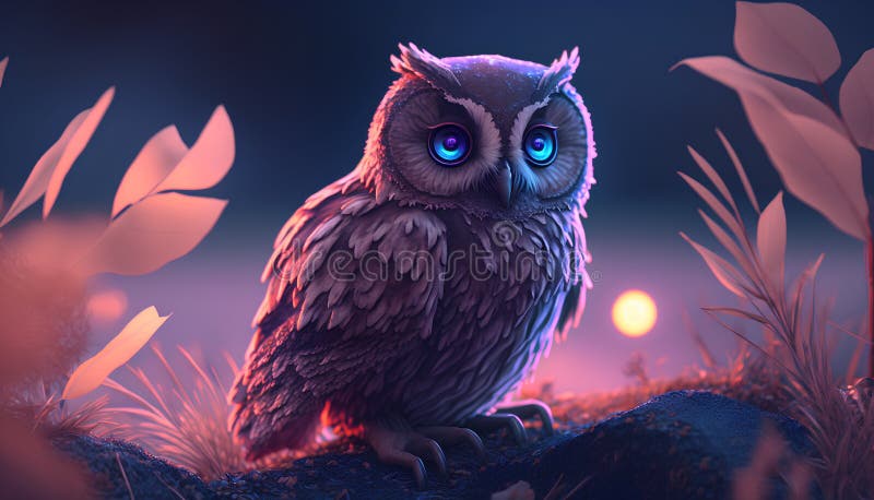 Beautiful Owl in the Forest at Night. 3D Illustration Stock ...