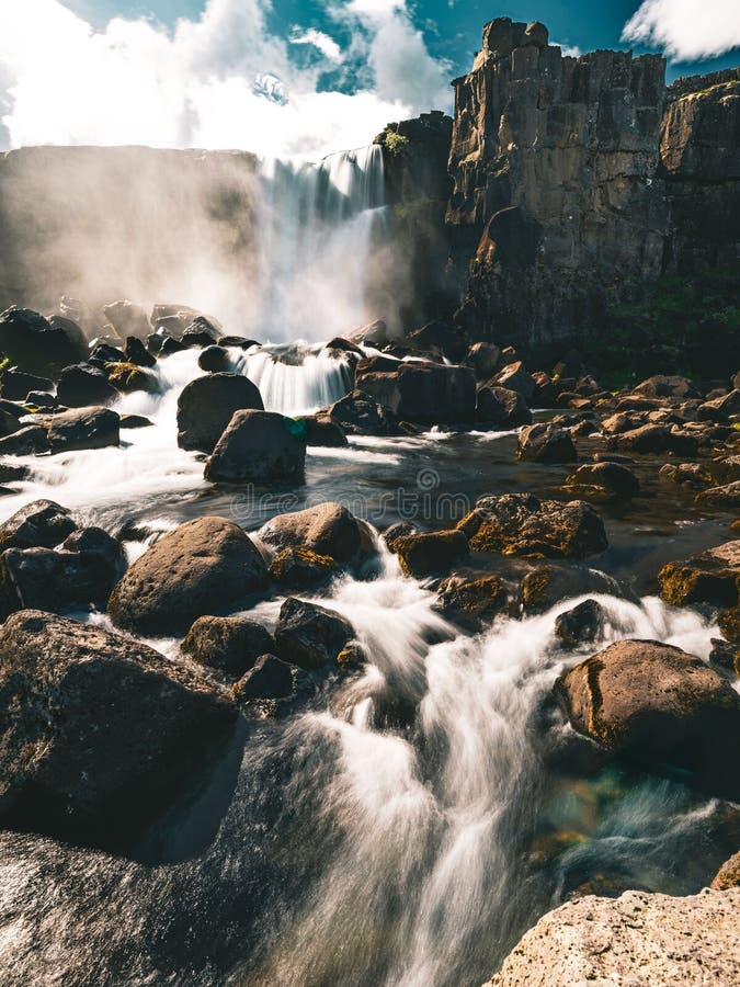 Beautiful Oxararfoss Waterfall Cascading Over Rocks in Iceland Stock ...