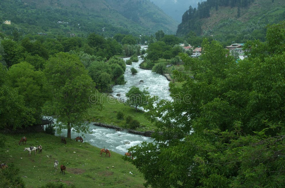 Beautiful Pahalgam Scene-5 stock image. Image of houses - 95631953