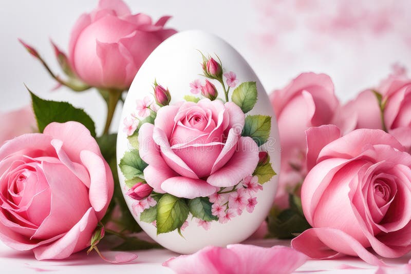 Beautiful Painted Easter Egg and Pink Roses . Gentle, Spring Easter ...