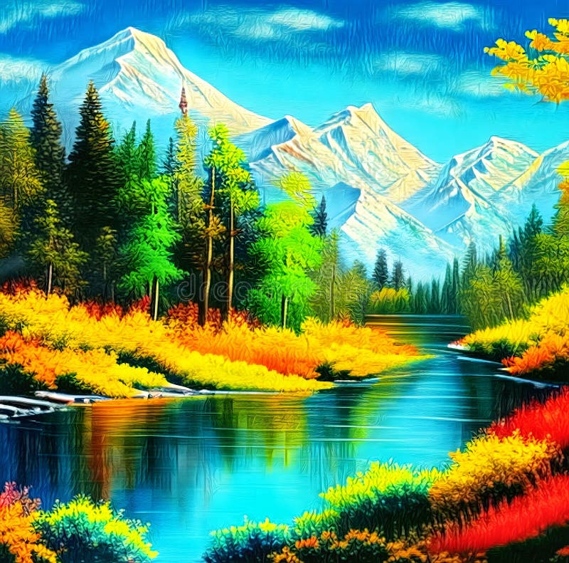 Beautiful Paintings of Forest, Mountain and River Landscapes. Stock ...