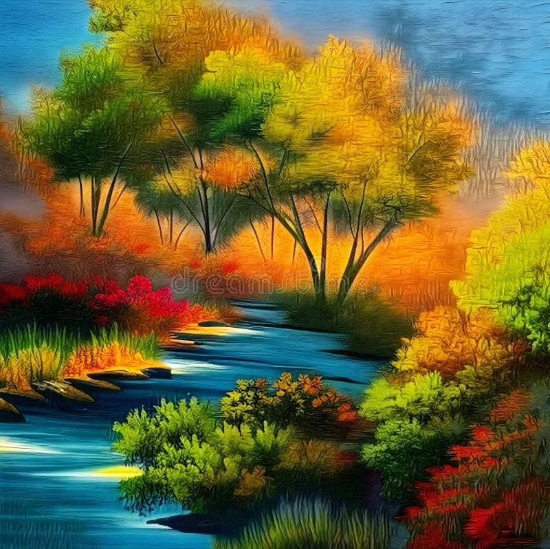 Beautiful Paintings of Forest and River Landscapes. Stock Illustration ...