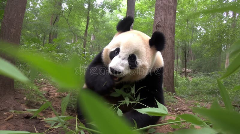 Beautiful Panda Bear in Its Natural Habitat Eating Bamboo Stock ...