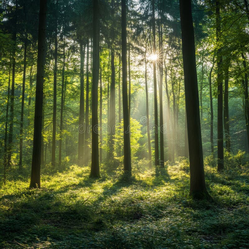 A Beautiful Panorama of Green Forest with Tall Trees and Sunlight ...