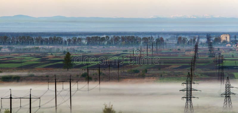 Beautiful Panorama of Long Electric High Voltage Power Line Rows Stock ...