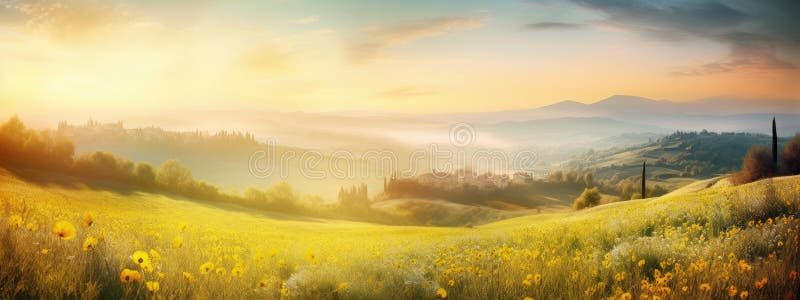 Beautiful Panoramic Landscape of a Green Hills with Spring Flowers - AI ...