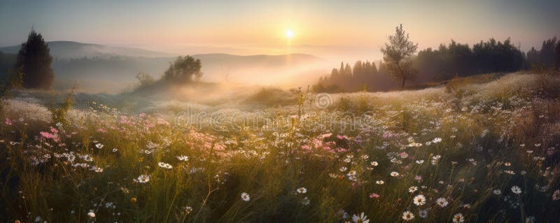 Beautiful Panoramic Landscape of a Green Hills with Spring Flowers - AI ...