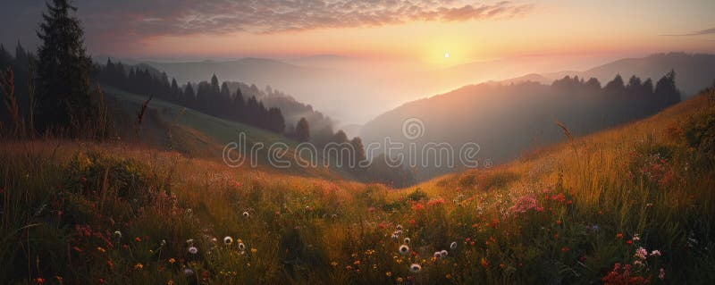 Beautiful Panoramic Landscape of a Green Hills with Spring Flowers - AI ...