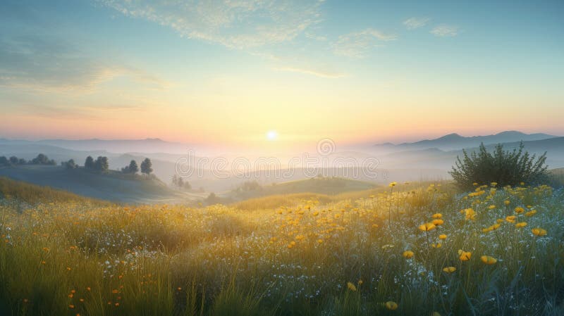 Beautiful Panoramic Landscape of a Green Hills with Spring Flowers - AI ...
